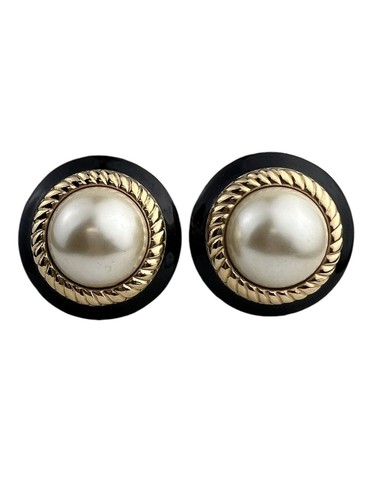 KJL Vintage Faux Pearl Clip On Earrings Round Rope Black Enamel Gold ...