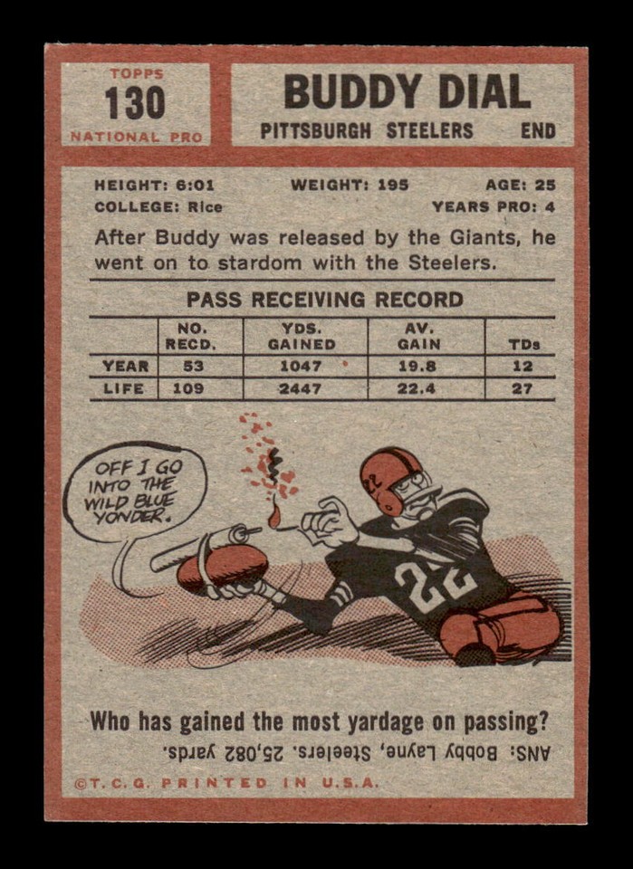 1962 Topps Football #130 Buddy Dial SP Pittsburgh Steelers | eBay