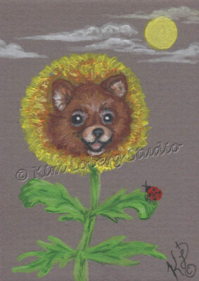 Pomeranian Dog Sun flower Bug Original ACEO Loberg Mini Fantasy Pet ...
