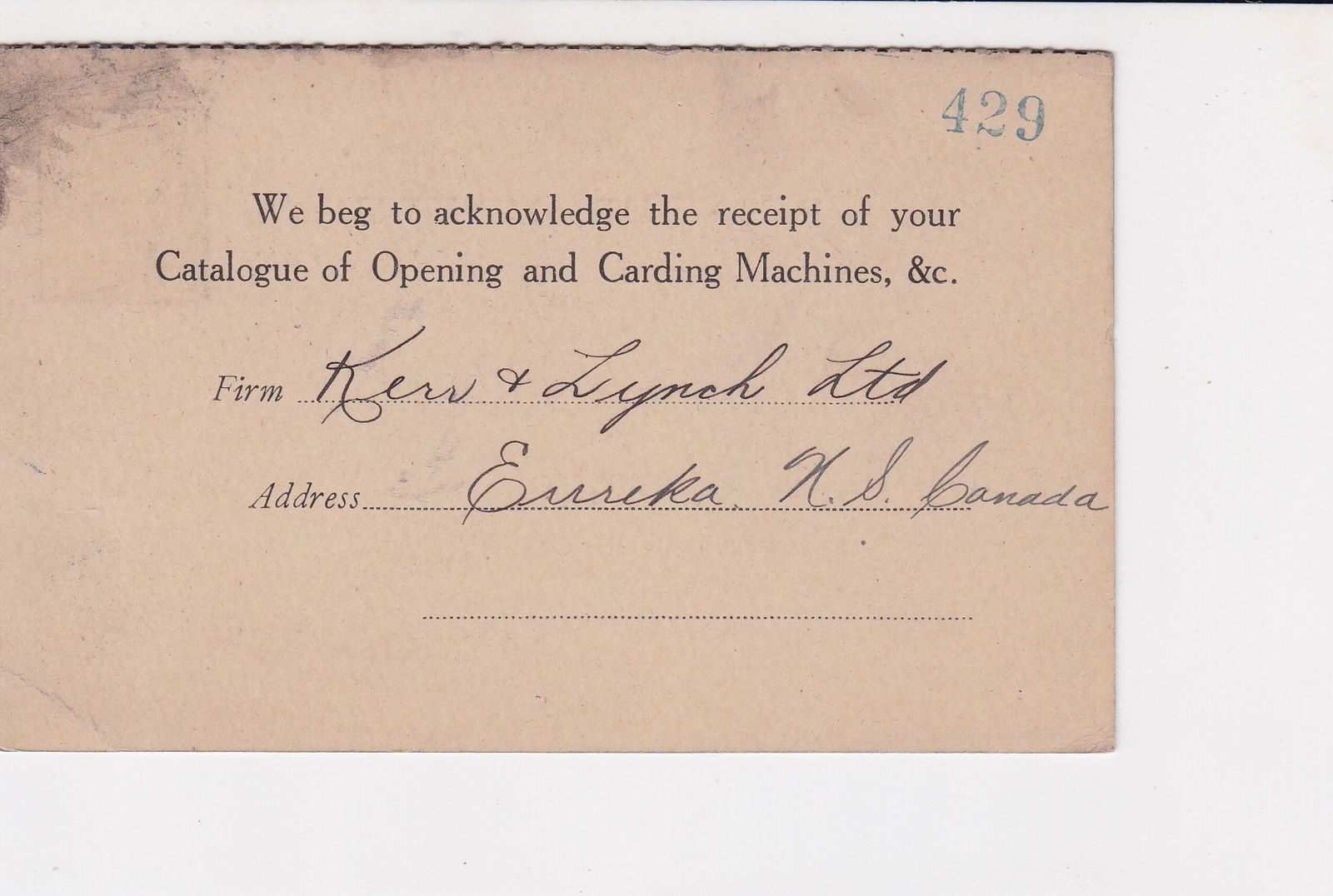 canada 1920s opening and carding machines receipt stamps card ref 20363 ...