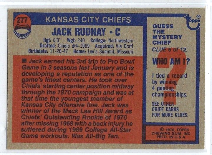 1976 Topps Football #277 - Jack Rudnay - Kansas City Chiefs | eBay
