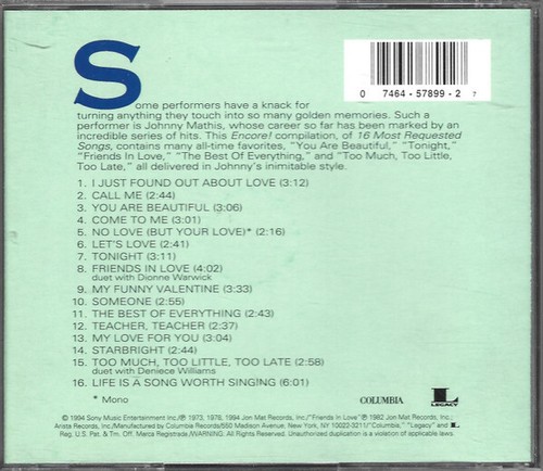 Johnny Mathis - Johnny Mathis: 16 Most Requested Songs Encore! (CD ...
