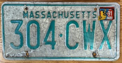 Massachusetts 1991 License Plate # 304-CWX Green Characters, 4-decal ...
