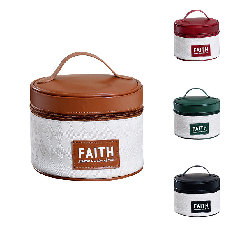 Fashionable Round Barrel Cosmetic Bag Stylish Handheld Pu Makeup ...