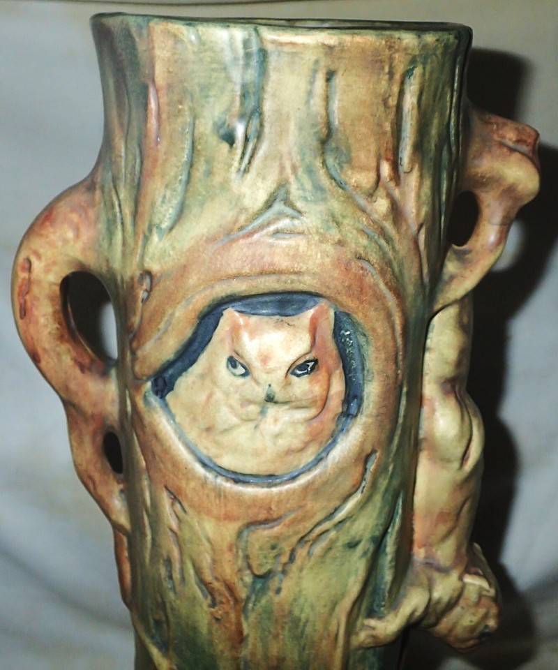 MINT 18 " ANTIQUE WELLER WOODCRAFT ART POTTERY OWL SQUIRREL TREE ...