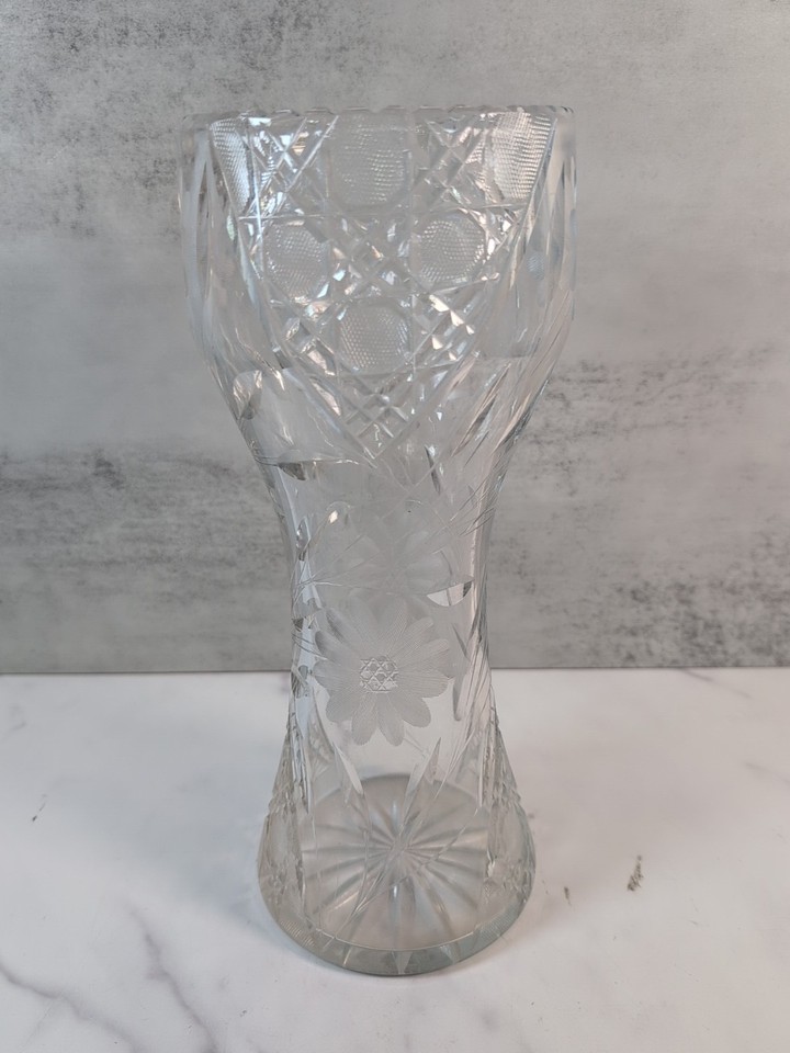 12" Tall American Brilliant Cut Glass ABP Corset Vase Etched Floral ...