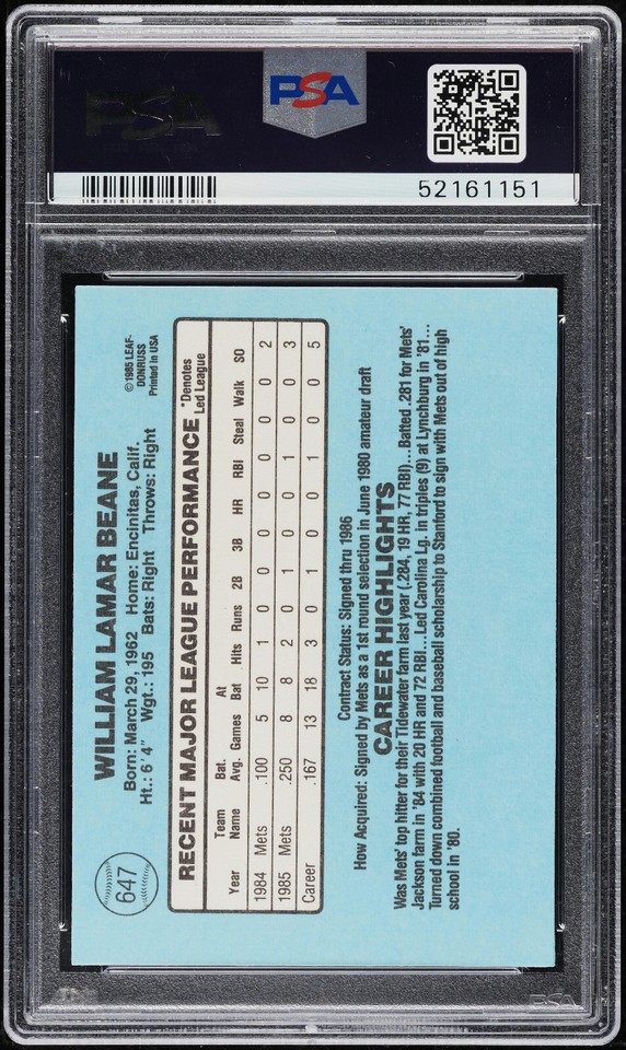 1986 DONRUSS #647 BILLY BEANE METS ROOKIE CARD MONEYBALL A'S GM PSA 10 ...