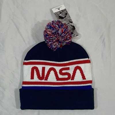 Aldrin Family Foundation NASA Logo Pom Beanie Hat Blue Red White Youth ...