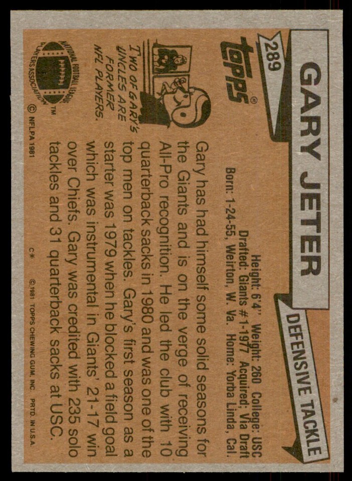 1981 TOPPS GARY JETER NEW YORK GIANTS #289 | eBay