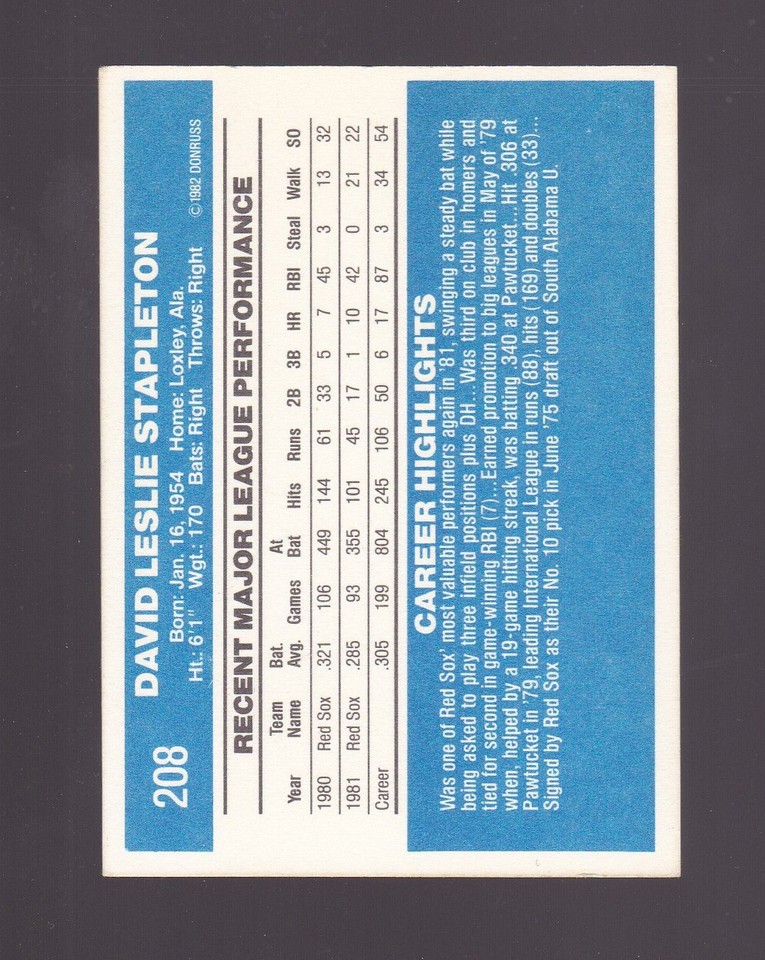 1982 Donruss Dave Stapleton #208 Boston Red Sox | eBay