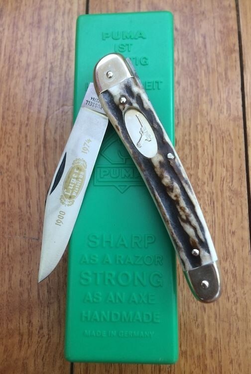 1974 75th Annv. Puma A G Russell Luger Knife Stag Handles Puma Box Mint ...