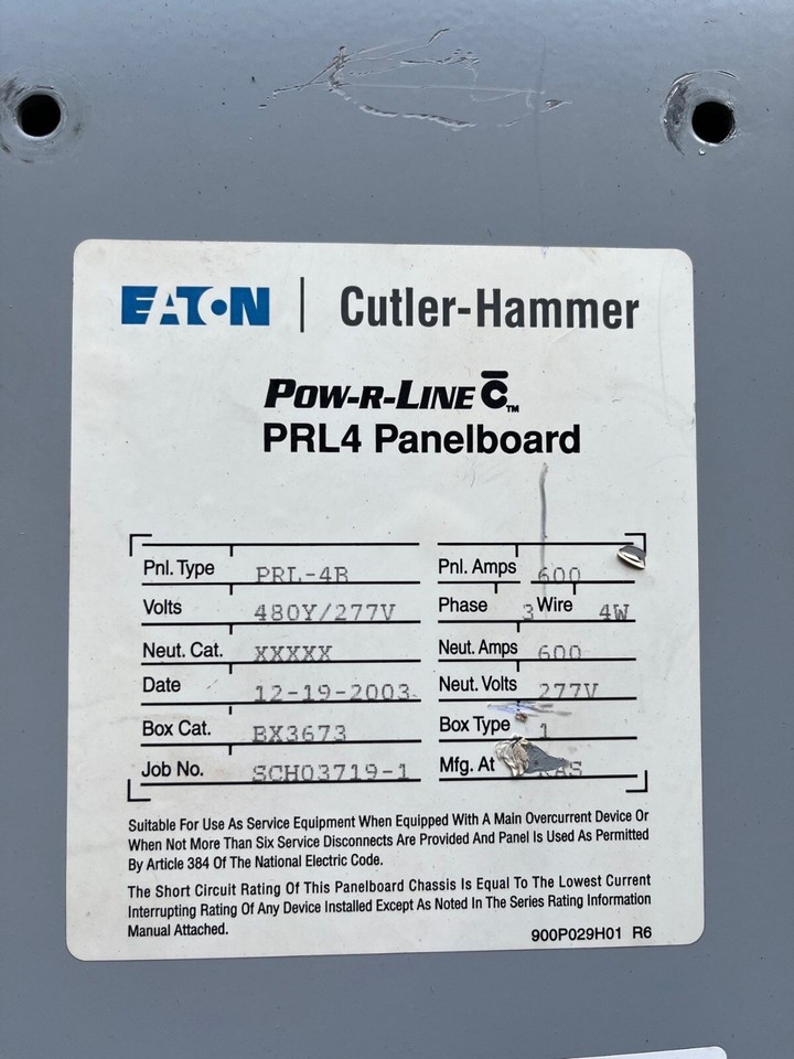 Eaton PRL4B Panelboard 600A 480Y/277V 3PH 4W MLO PRL4 Indoor 600 Amp ...