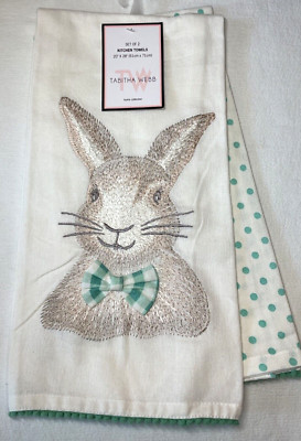 TABITHA WEBB KITCHEN TOWELS (2) BUNNY BOW TIE TURQUOISE 20 X 28 COTTON ...