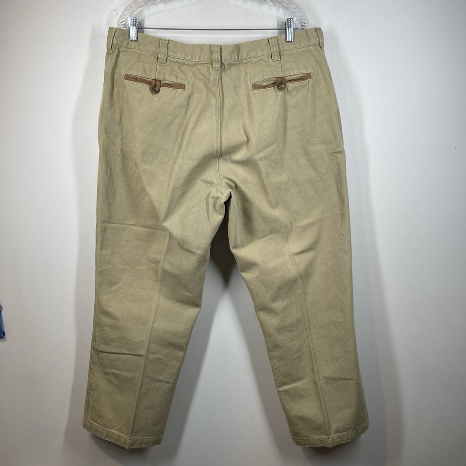 Orvis Zambezi Twill Chino Pants Leather Trim Size 40x30 Flat Front ...