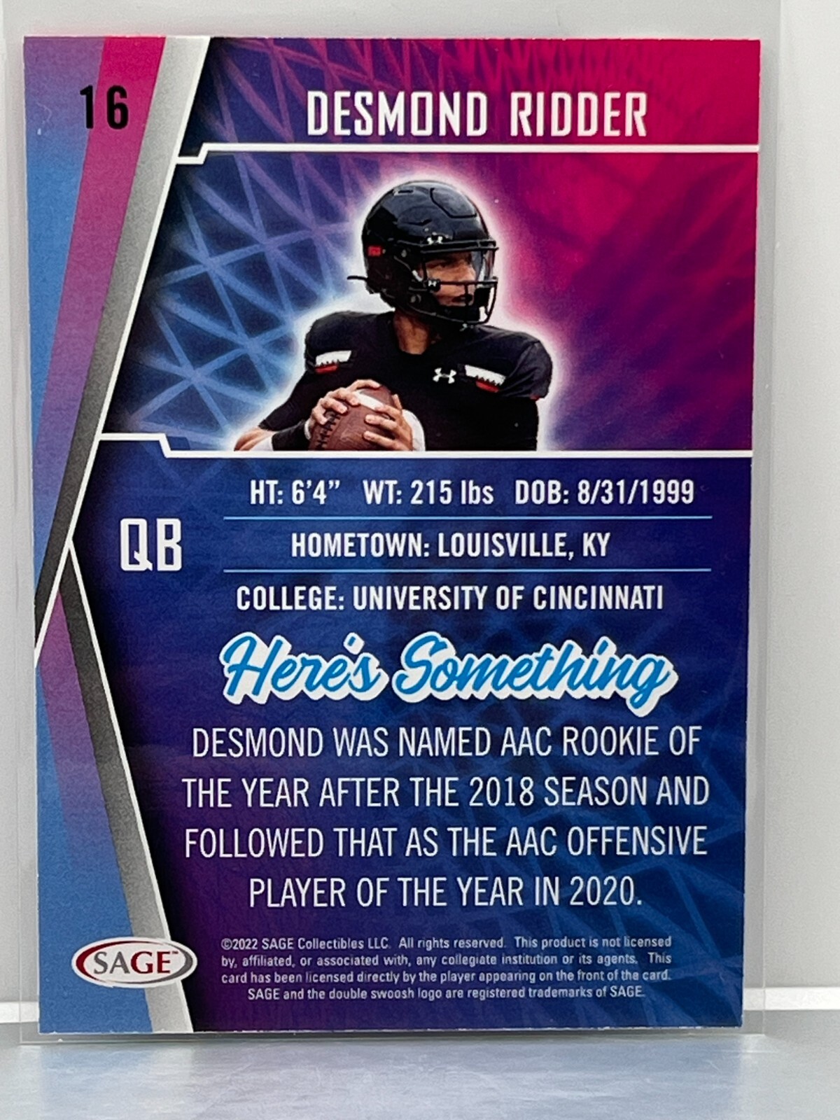 Desmond Ridder - 2022 Sage - Cincinnati Bearcats / Atlanta Falcons #16 ...