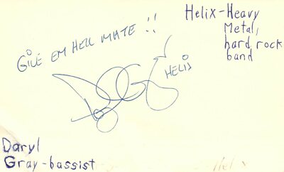Daryl Gray Bassist Helix Metal Rock Band Music Autographed Signed Index ...