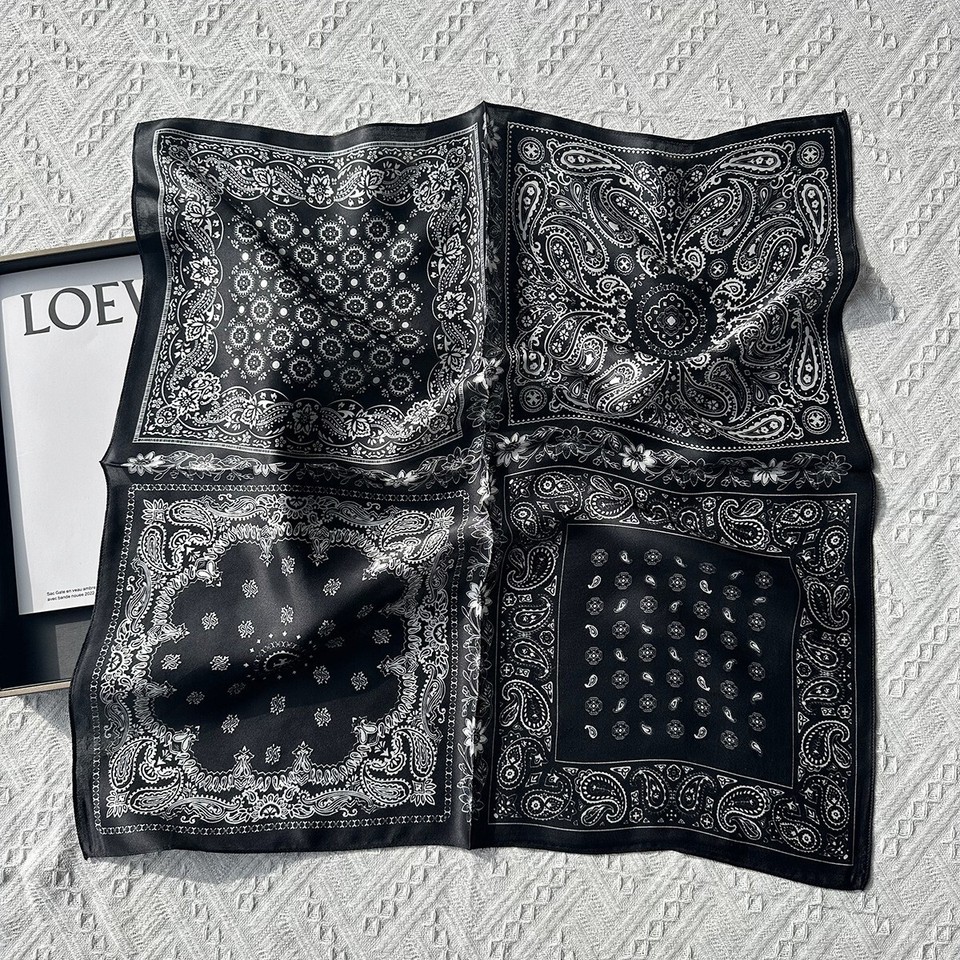 100% Silk Scarf Women Vintage Black Paisley Kerchief Square Bandana ...