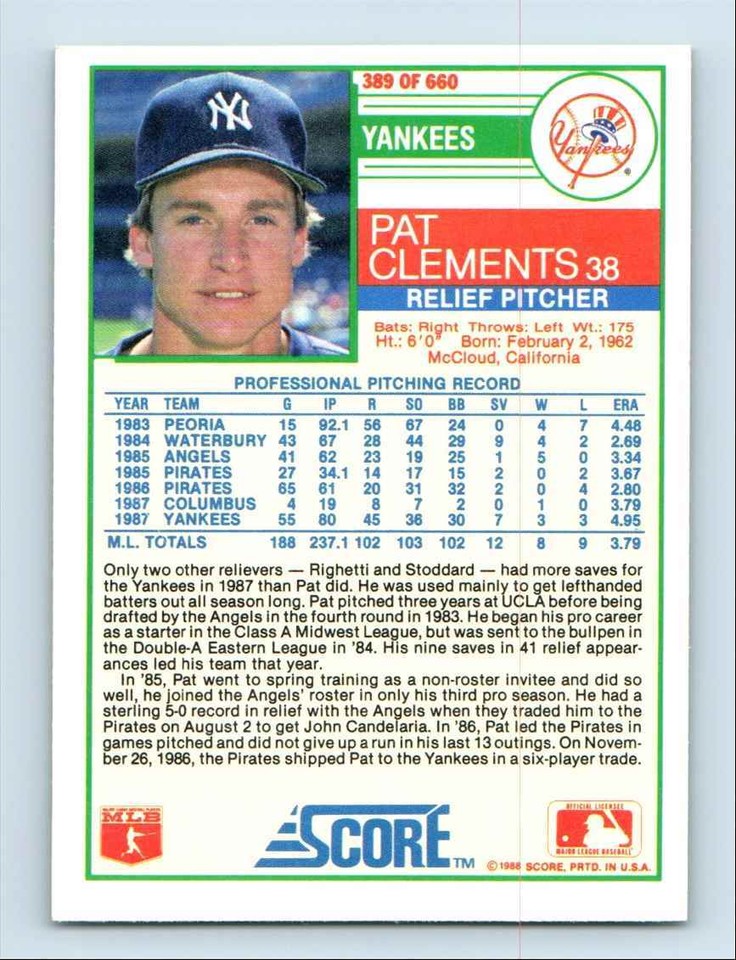 1988 Score Pat Clements New York Yankees #389 | eBay