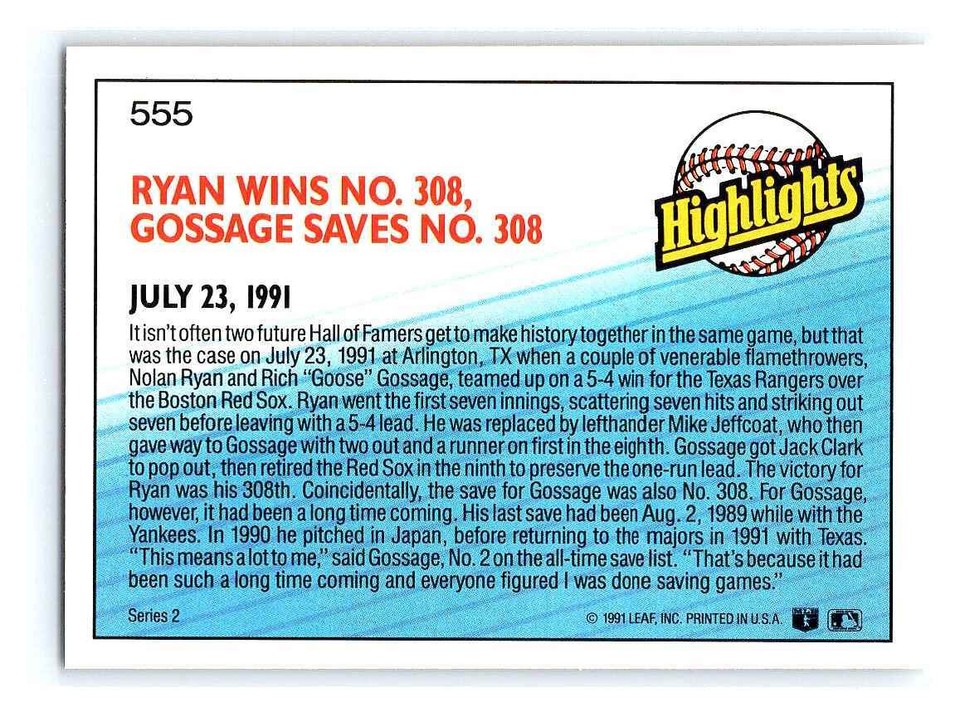 1992 Upper Deck Highlights C Nolan Ryan Goose Gossage Texas Rangers ...