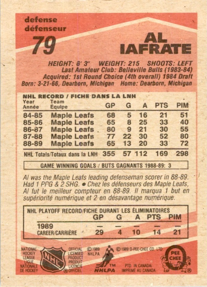1989-90 O-PEE-CHEE AL IAFRATE TORONTO MAPLE LEAFS #79 | eBay