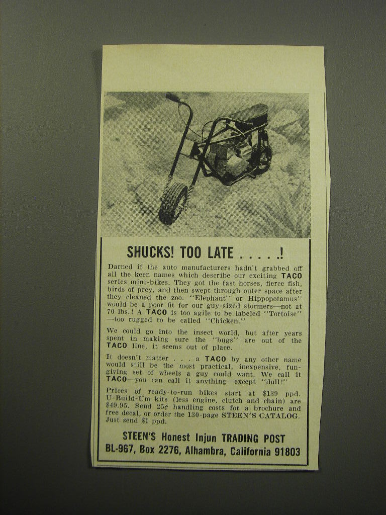 1967 Steen's Taco Mini-Bike Ad - Shucks! Too Late | eBay