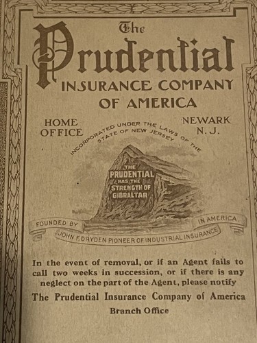 VINTAGE 1917 PREMIUM RECEIPT BOOK Prudential Insurance Co of America ...