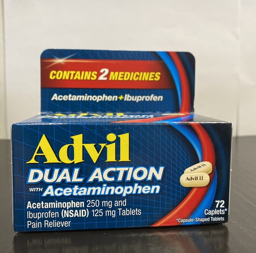 Advil Dual Action with Acetaminophen Pain Reliever 72 Caplets Exp 08/25 ...