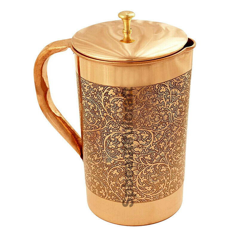 Pure Copper Water Pitcher Jug Etching Embosed 1500 ml 2 Drinking ...