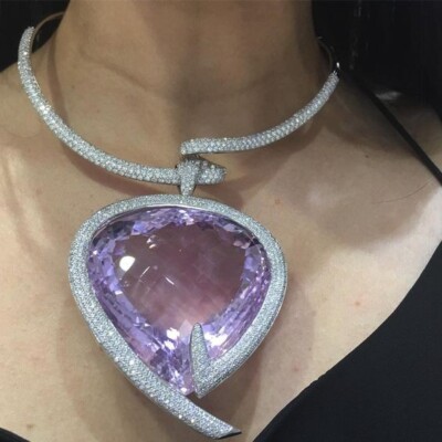 200ct Huge Heart Shape Syn Amethyst Party Cocktail Necklace Silver ...
