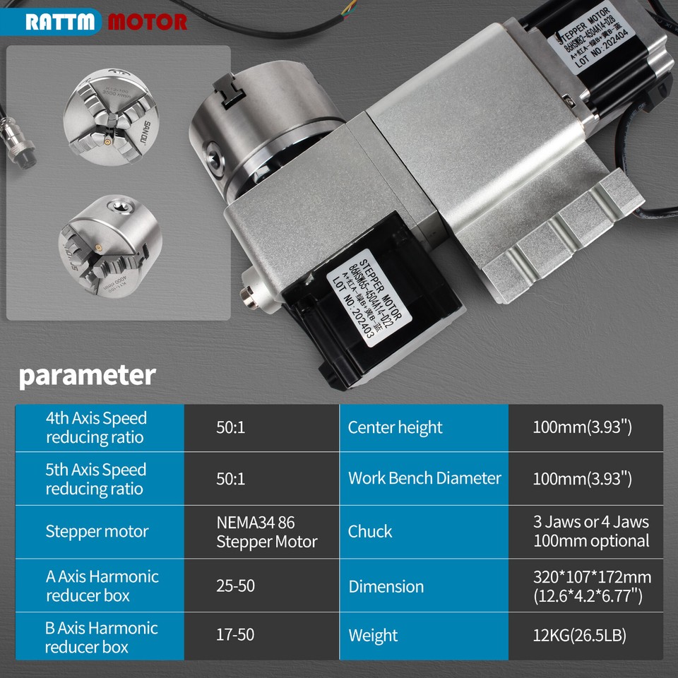 CNC 4th 5th Axis Rotary A+C Axis 100mm 4jaw chuck Harmonic Gearbox ...