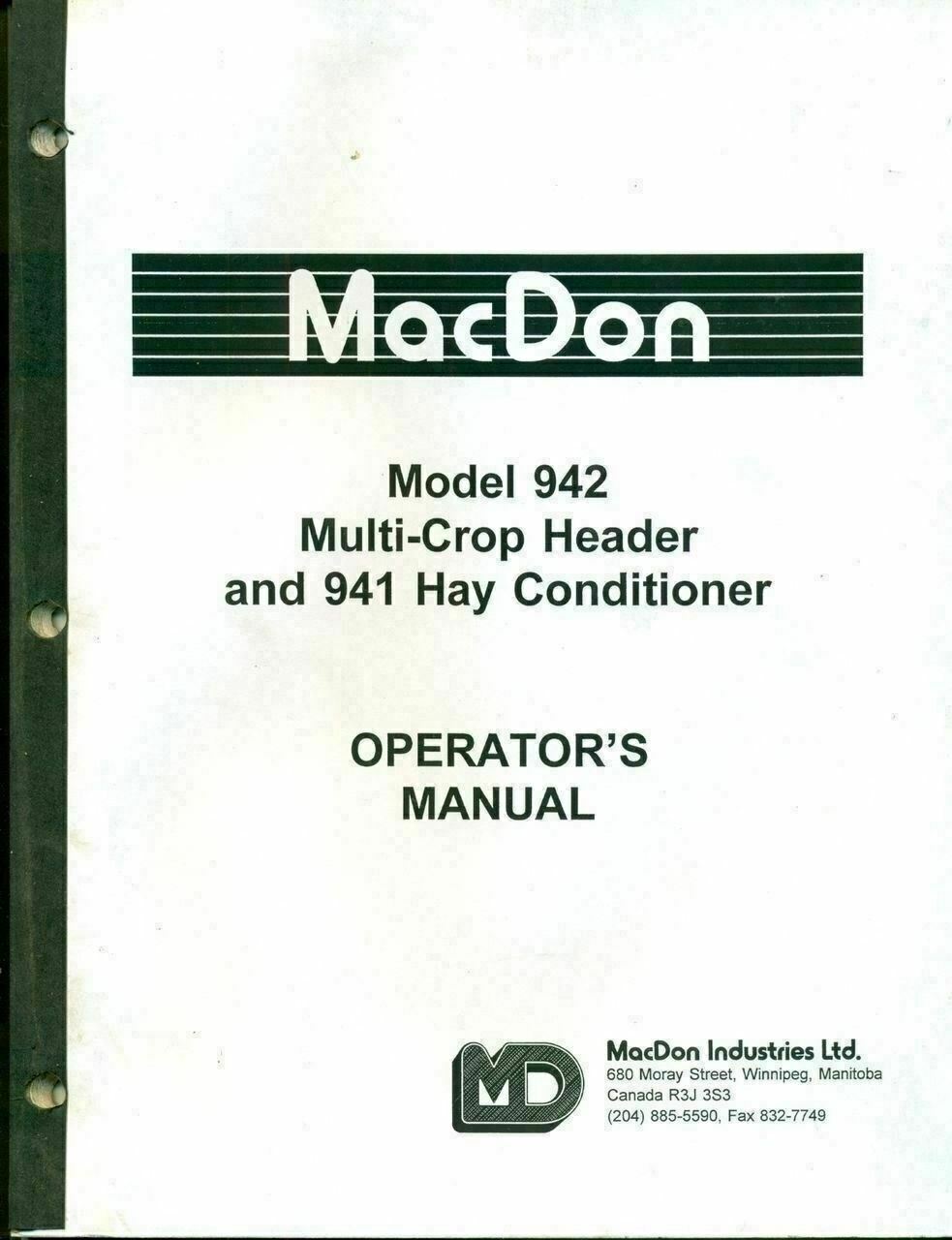 MACDON OPERATORS MANUAL 942 MultiCrop Header 941 Hay Conditioner #46217 ...