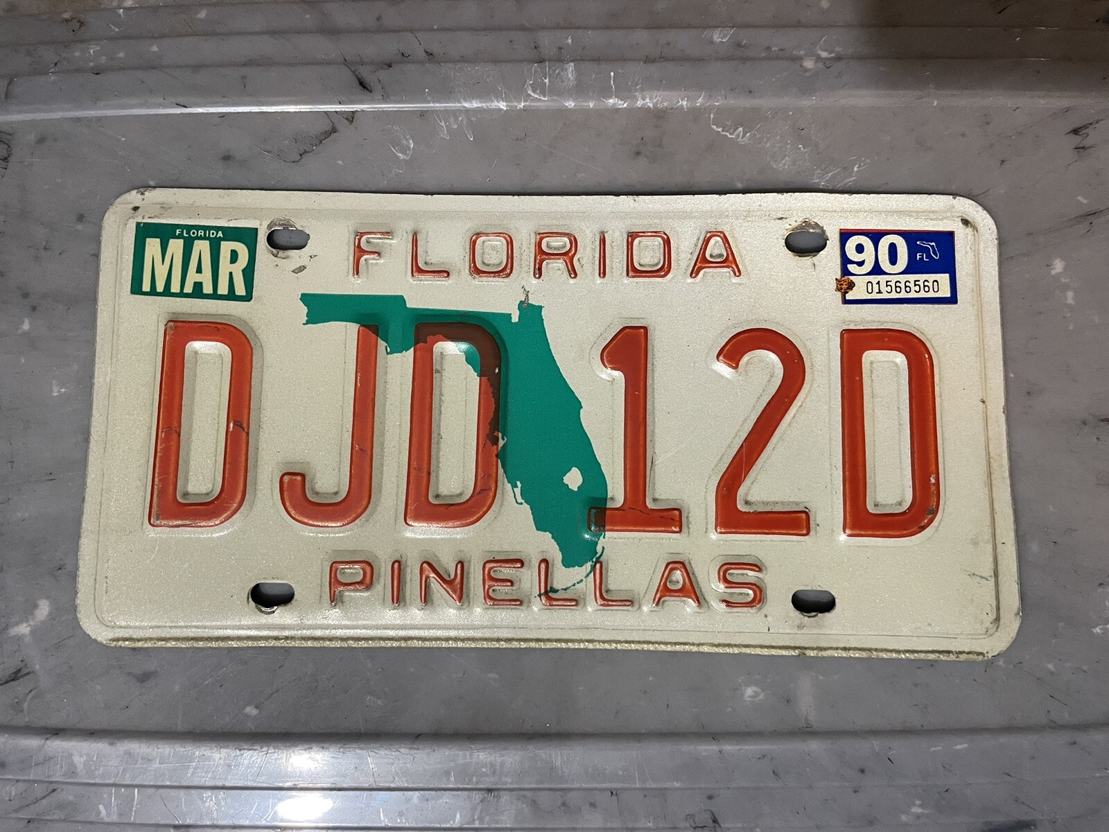 FLORIDA LICENSE PLATE AUTO TAG PINELLAS COUNTY DJD 12D MARCH 1990 Green ...