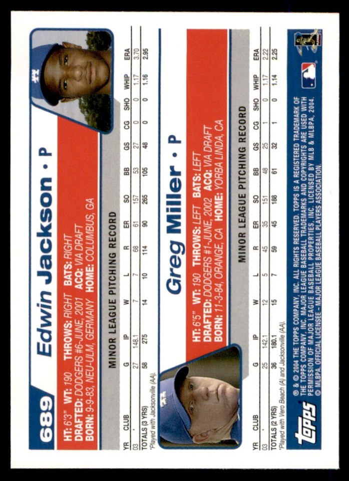 2004 TOPPS EDWIN JACKSON/GREG MILLER LOS ANGELES DODGERS #689 | eBay