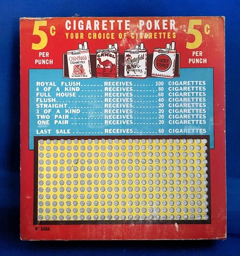 VINTAGE 5 CENT CIGARETTE POKER PUNCH BOARD GAME UNPUNCHED w/KEY N.O.S ...