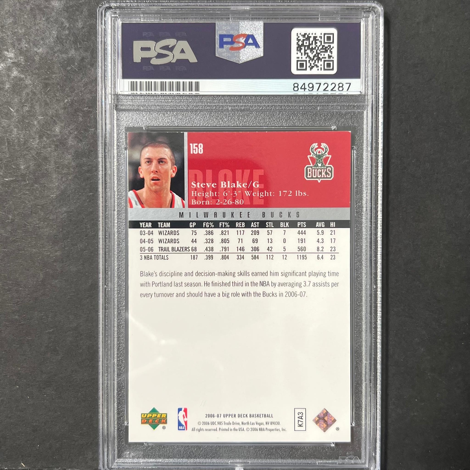 2006-07 Upper Deck #158 Steve Blake Signed Card AUTO PSA Slabbed Trail ...