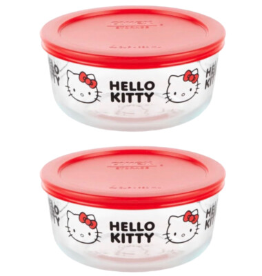 Pyrex Hello Kitty Sanrio 4 Cup Glass Food Storage Bowl Red Lids Set Of ...