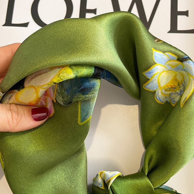 100% Silk Scarf Women Fashion Green Flower Kerchief Small Square ...