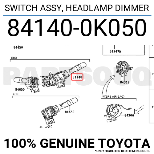841400K050 Genuine Toyota SWITCH ASSY, HEADLAMP DIMMER 84140-0K050 | eBay
