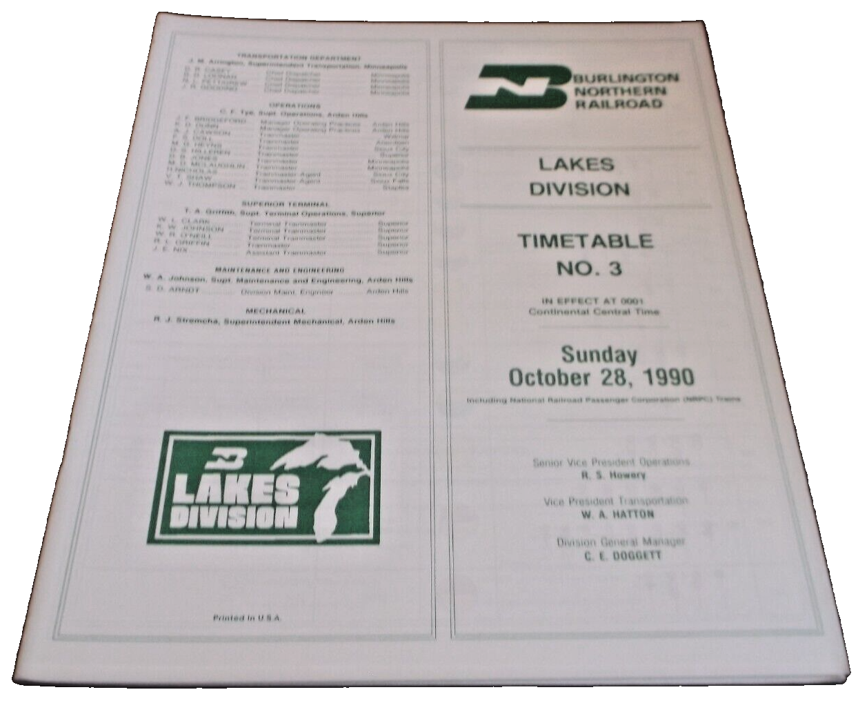 OCTOBER 1990 BURLINGTON NORTHERN LAKES EMPLOYEE TIMETABLE #3 | eBay