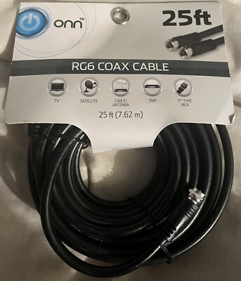 ONN 25 Feet (7.62 m) RG-6 Coaxial Black Coax Cable F Type Jack Ends For ...