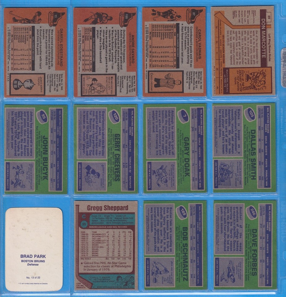 Vintage Boston Bruins Lot (12 cards EX-NM) Topps OPC Hockey Gerry ...