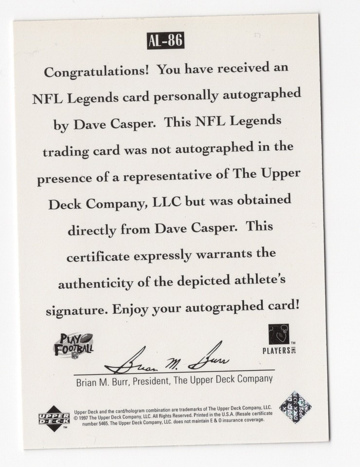 Dave Casper 1997 Upper Deck NFL Legends Autograph Card Auto Raiders HOF ...