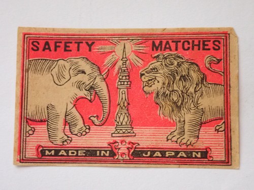 ELEPHANT & LION SAFETY MATCHES MATCH BOX LABEL c1900s MADE in JAPAN ...
