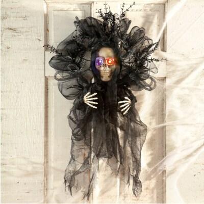 Lighted Color Changing Creepy Skeleton Ghoul Halloween Welcome Door ...