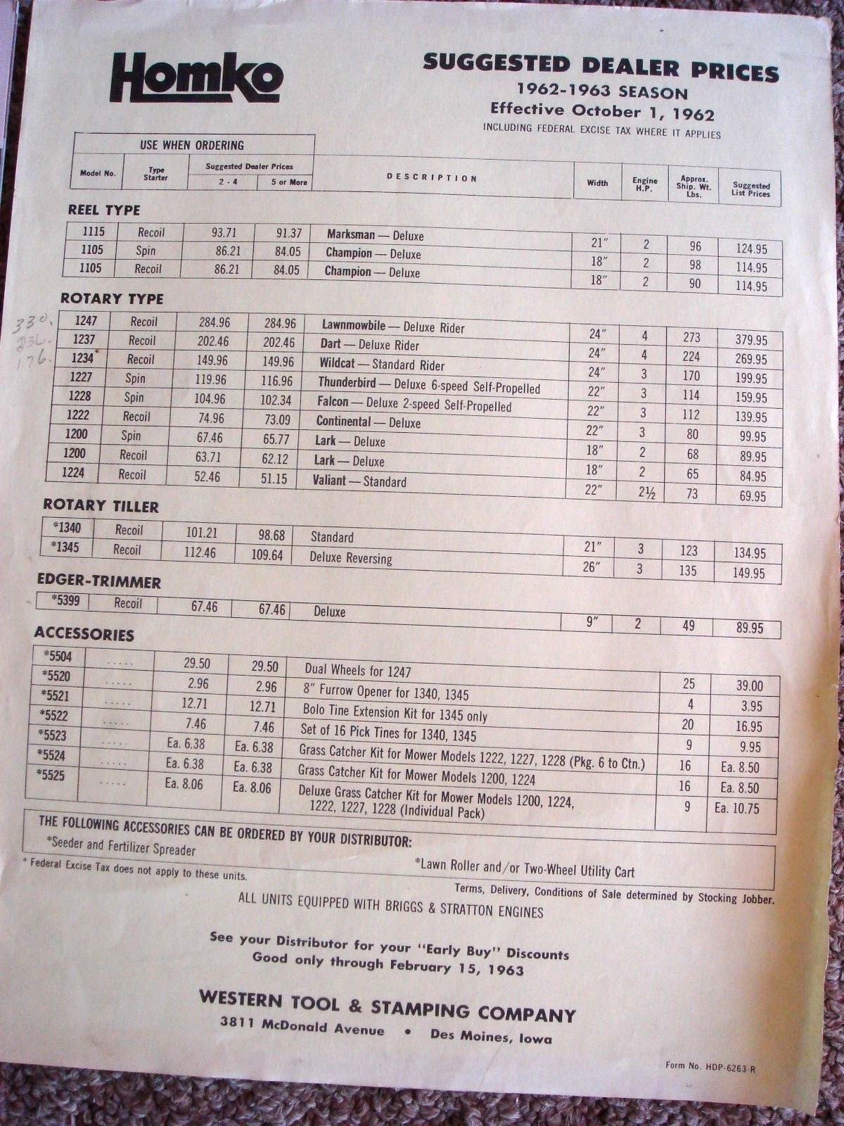 VINTAGE HOMKO 1962-1963 LAWN MOWER TRACTOR TILLER DEALER SALES BROCHURE ...