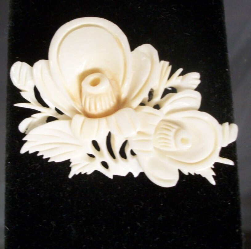 Vintage Brooch Hand Carved Floral Faux Ivory - Gem