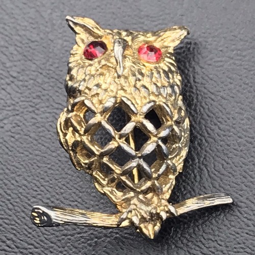 Owl Pin Vintage Brooch Red Jewel Eyes Gold Tone | eBay
