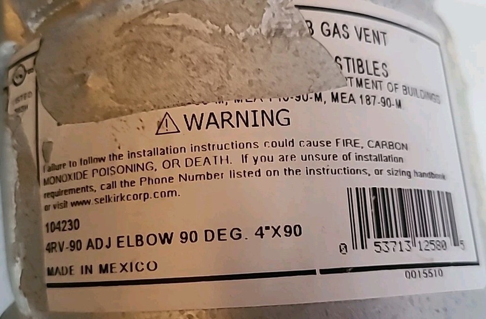 Selkirk 4RV-90 Adjustable 90 Degree Elbow 4" Type B Gas Vent + 12" Gas ...