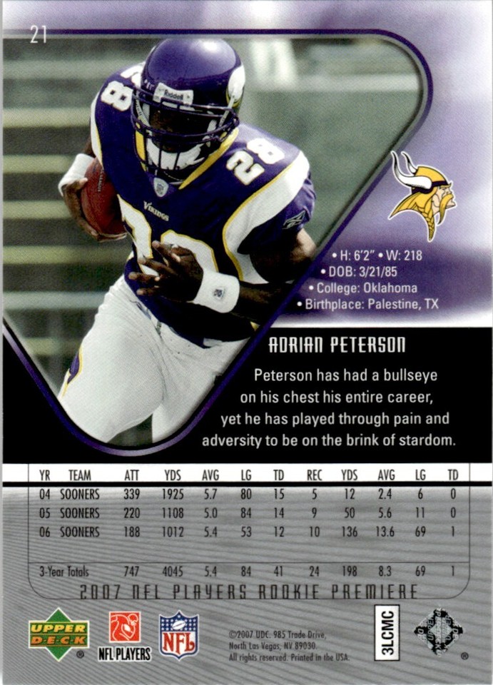 2007 Upper Deck Rookie Premiere Box Set Adrian Peterson Rookie ...
