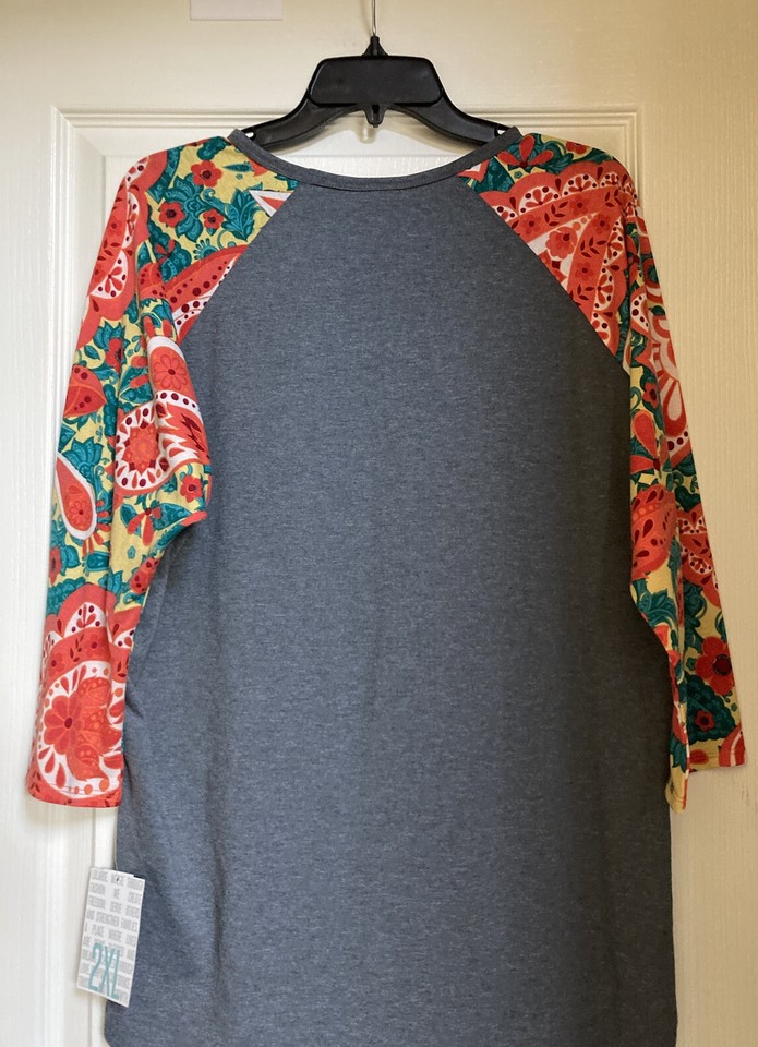 Lularoe Women’s Randy 3/4 Baseball Raglan Tee Gray Floral Sleeves 2XL ...